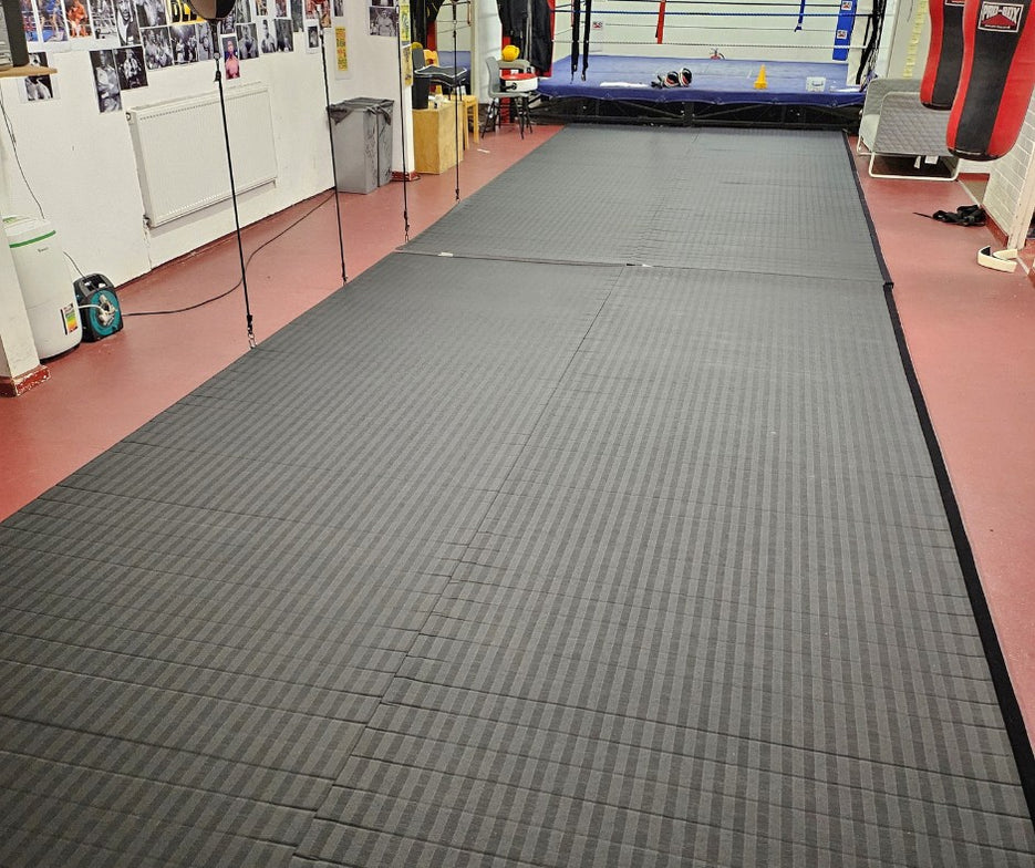 12m x 1.5m x 40mm Roll Out Mats Velcro **Black** — Jigsawmats4martialarts